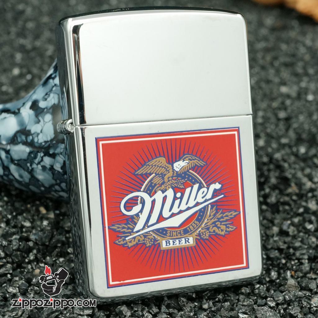 zippo cổ hãng bia miller - mầu bạc bóng logo miller đỏ 1998